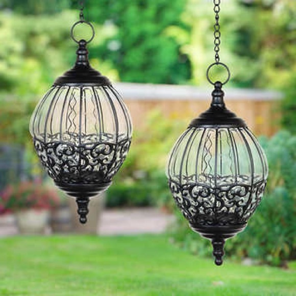 Accents | Solar Glass And Metal Hanging Lantern Pair With Led Lights ...